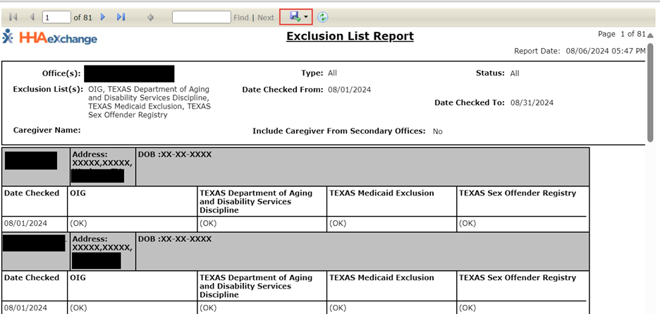 Exclusion List Report