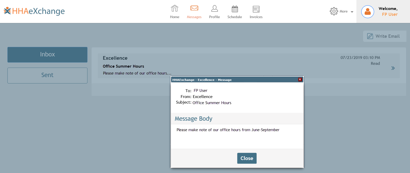 Family Portal Messages Page for Users